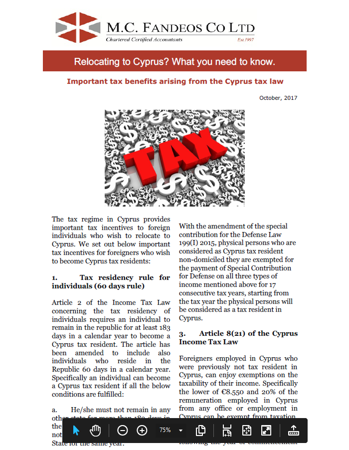 Tax Benefits On Relocations To Cyprus M C Fandeos Co Ltd Tax Benefits On Relocations To Cyprus M C Fandeos Co Ltd